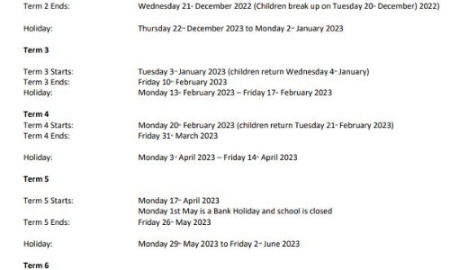 Westlands Primary School - Term Dates 2022-2023