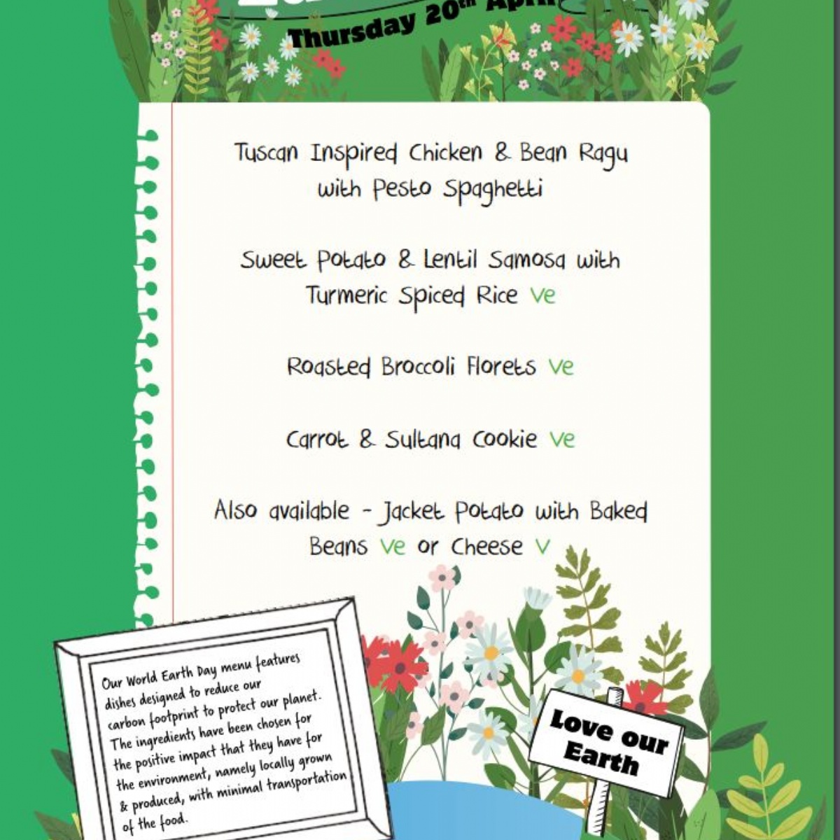 Westlands Primary School - Earth Day Menu - Thursday 20th April 23